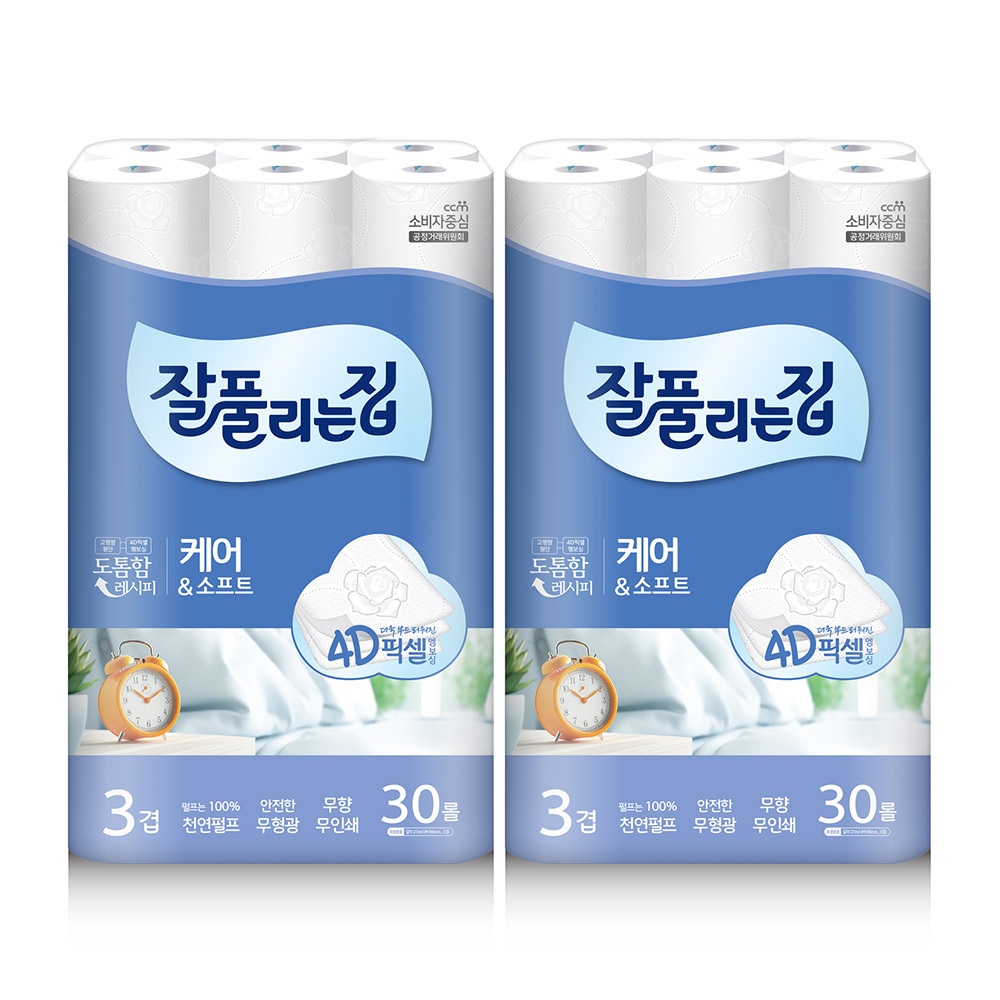 화장지 > 케어앤소프트 천연펄프 3겹 화장지 27m x 30롤 x 2팩 | 오늘의집 쇼핑