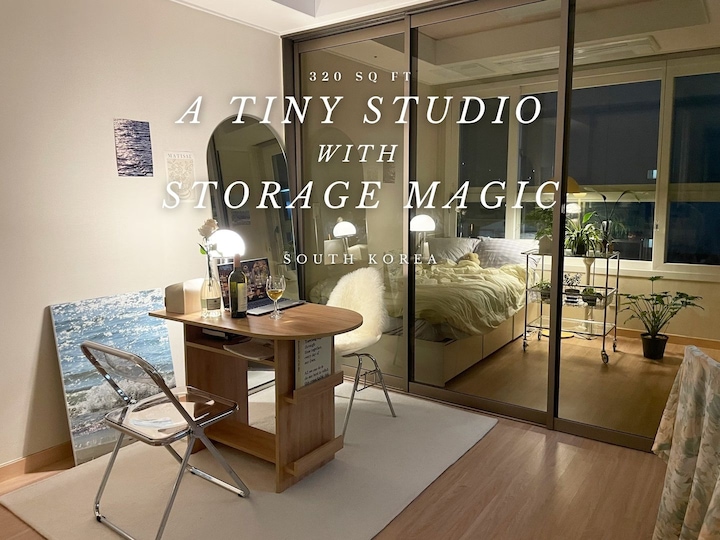 Inside a minimally neutral 320 sq ft studio with clever storage